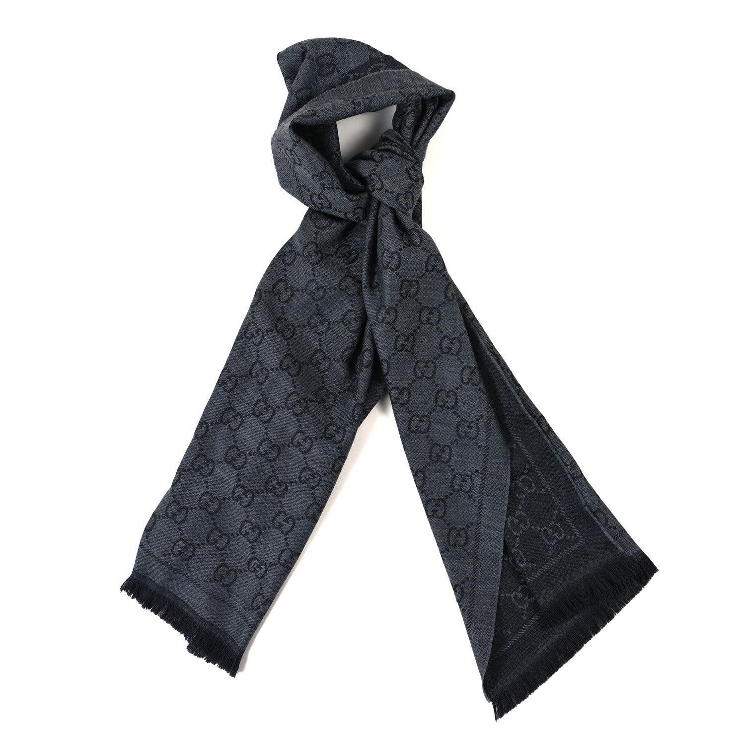 Gucci Wool Jacquard GG Monogram Sten Fringe Scarf Anthracite Black ...