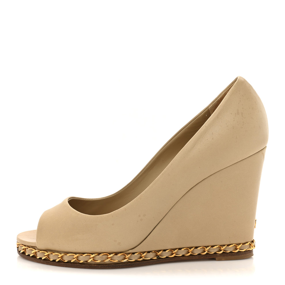 Chanel Calfskin Chain Peep Toe Wedge Pumps 39 Beige 1767625 – FASHIONPHILE
