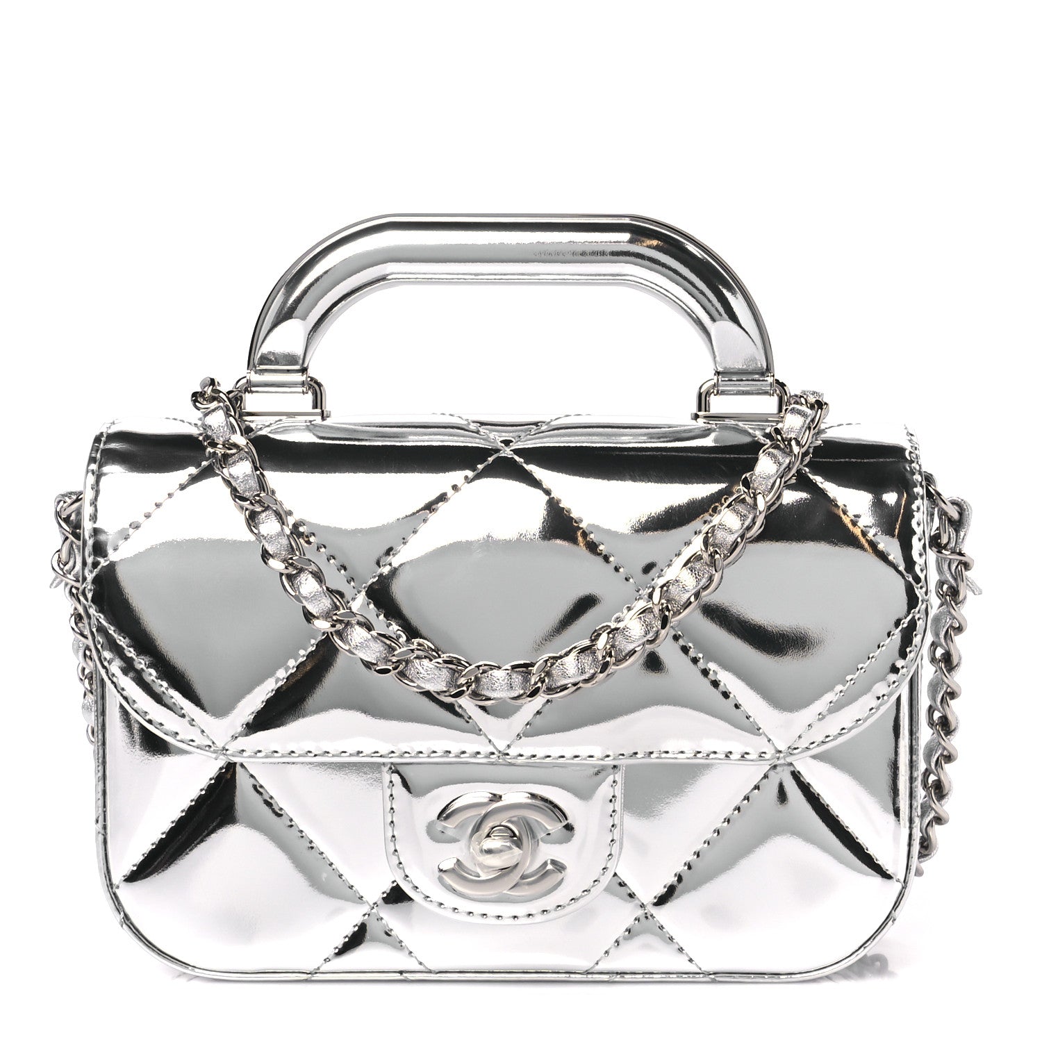 Chanel Mirror Calfskin Small Top Handle Clutch With Chain Silver ...