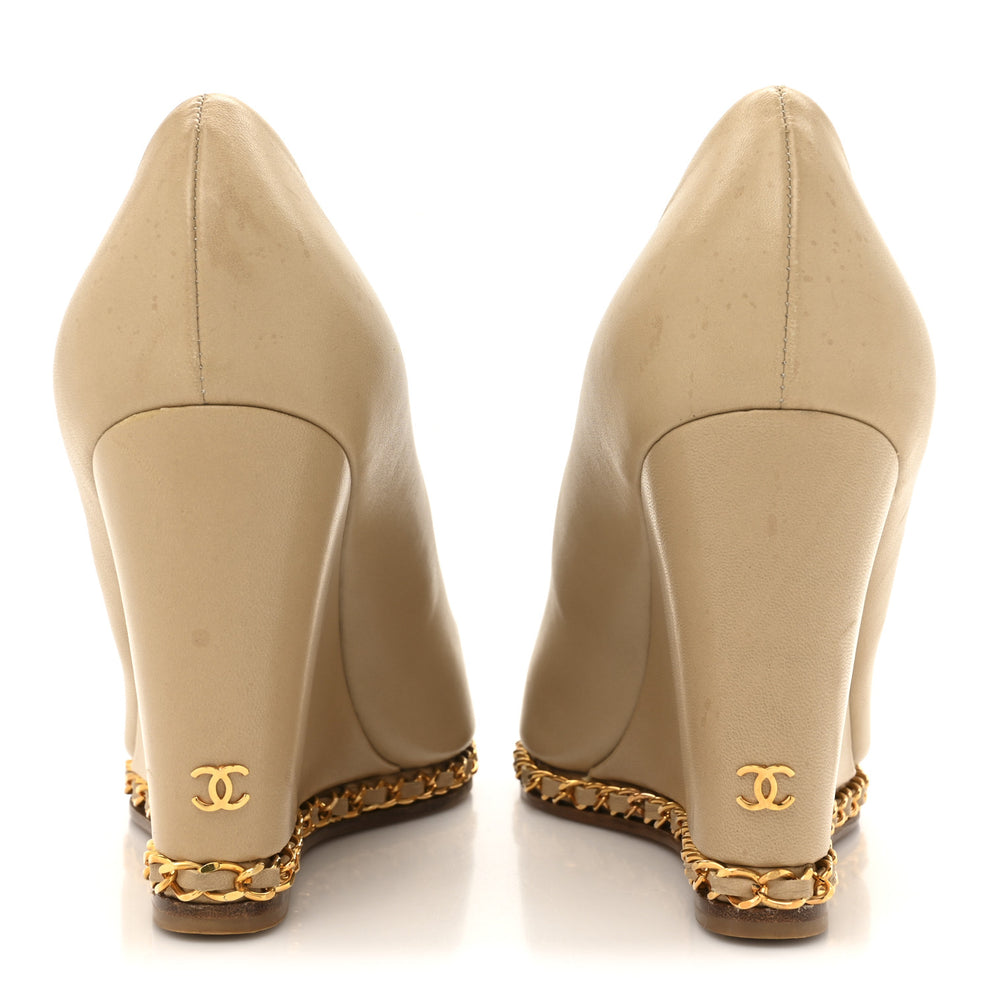 Chanel Calfskin Chain Peep Toe Wedge Pumps 39 Beige 1767625 – FASHIONPHILE