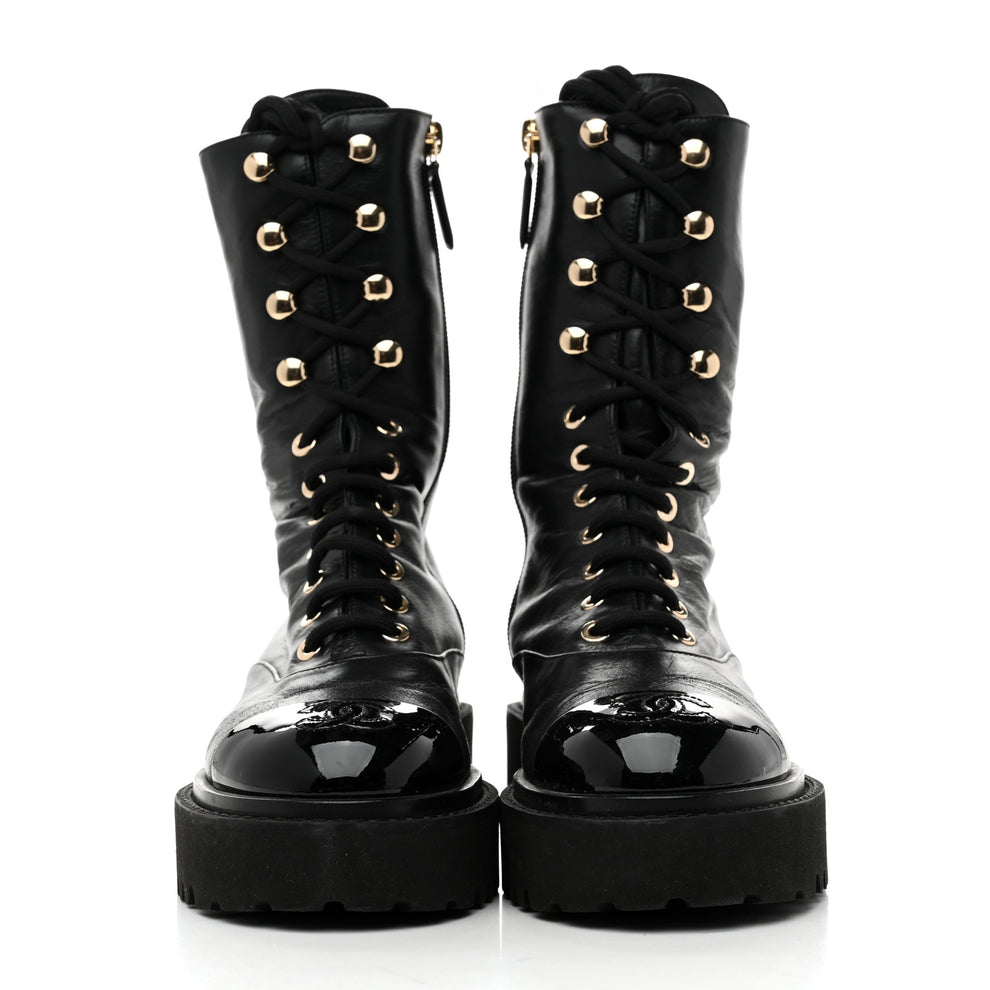 Chanel Crumpled Calfskin Patent Cap Toe Lace Up Combat Boots 35 Black ...