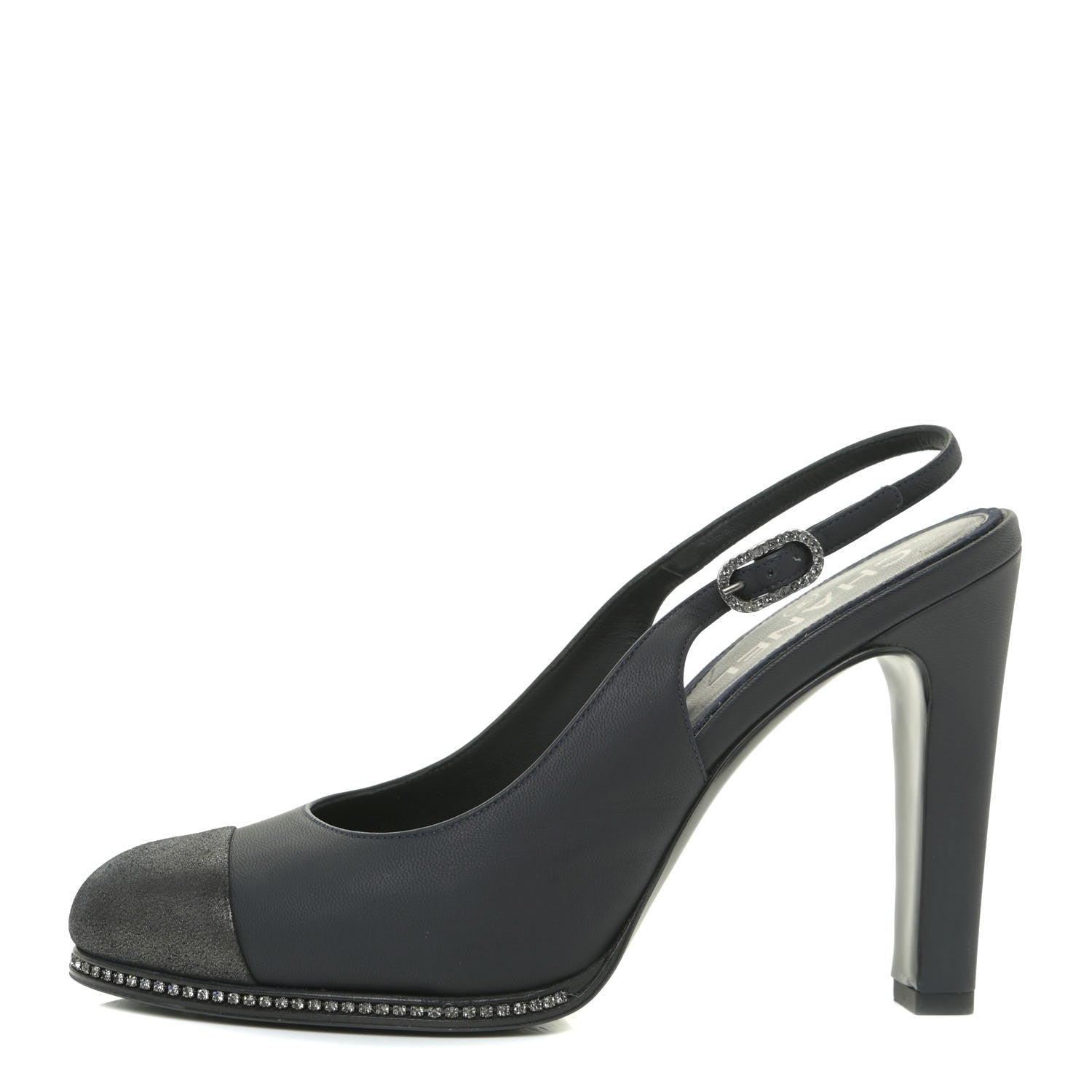 Chanel Crystal Cap Toe Slingback Pumps 38.5 Marine Gris Fonce 938992 ...