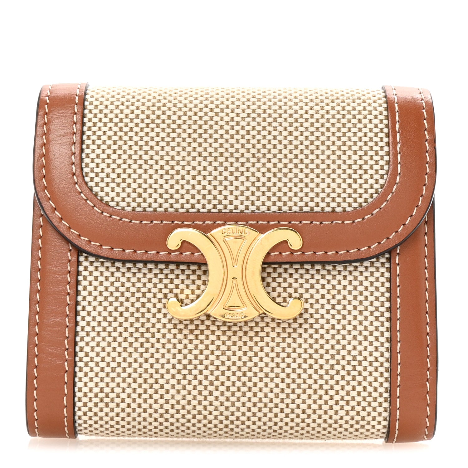 Celine Shiny Calfskin Textile Triomphe Compact Wallet Natural Tan ...