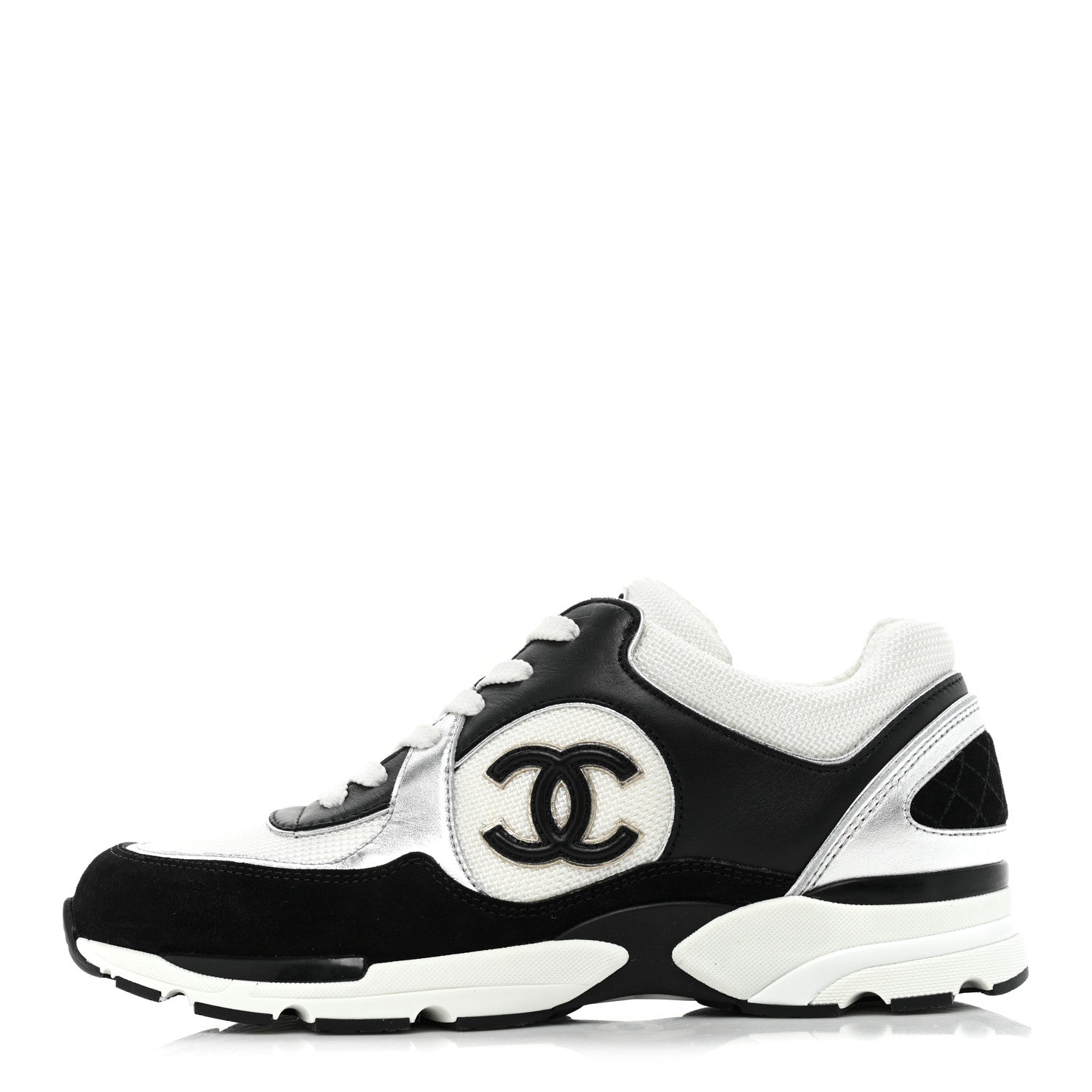 Chanel Calfskin Fabric Womens CC Sneakers 38.5 Black White Silver ...