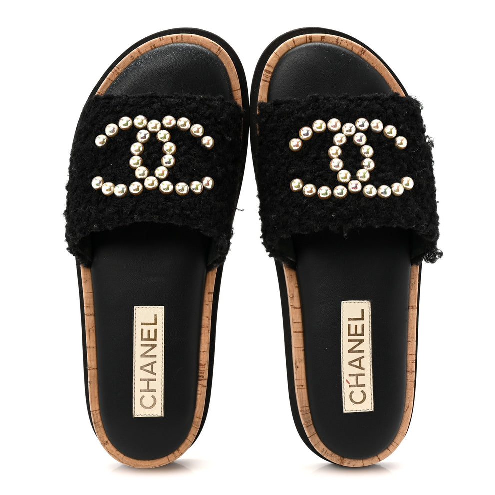 Chanel Fabric Pearl Cork CC Slip On Sandals 38 Black 1784874 – FASHIONPHILE