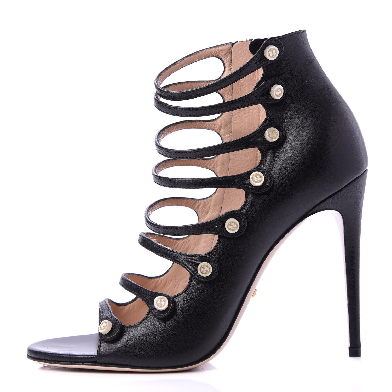 Gucci Malaga Kid Aneta Ladder-Strap Peep Toe Booties 38.5 Black 610664 ...