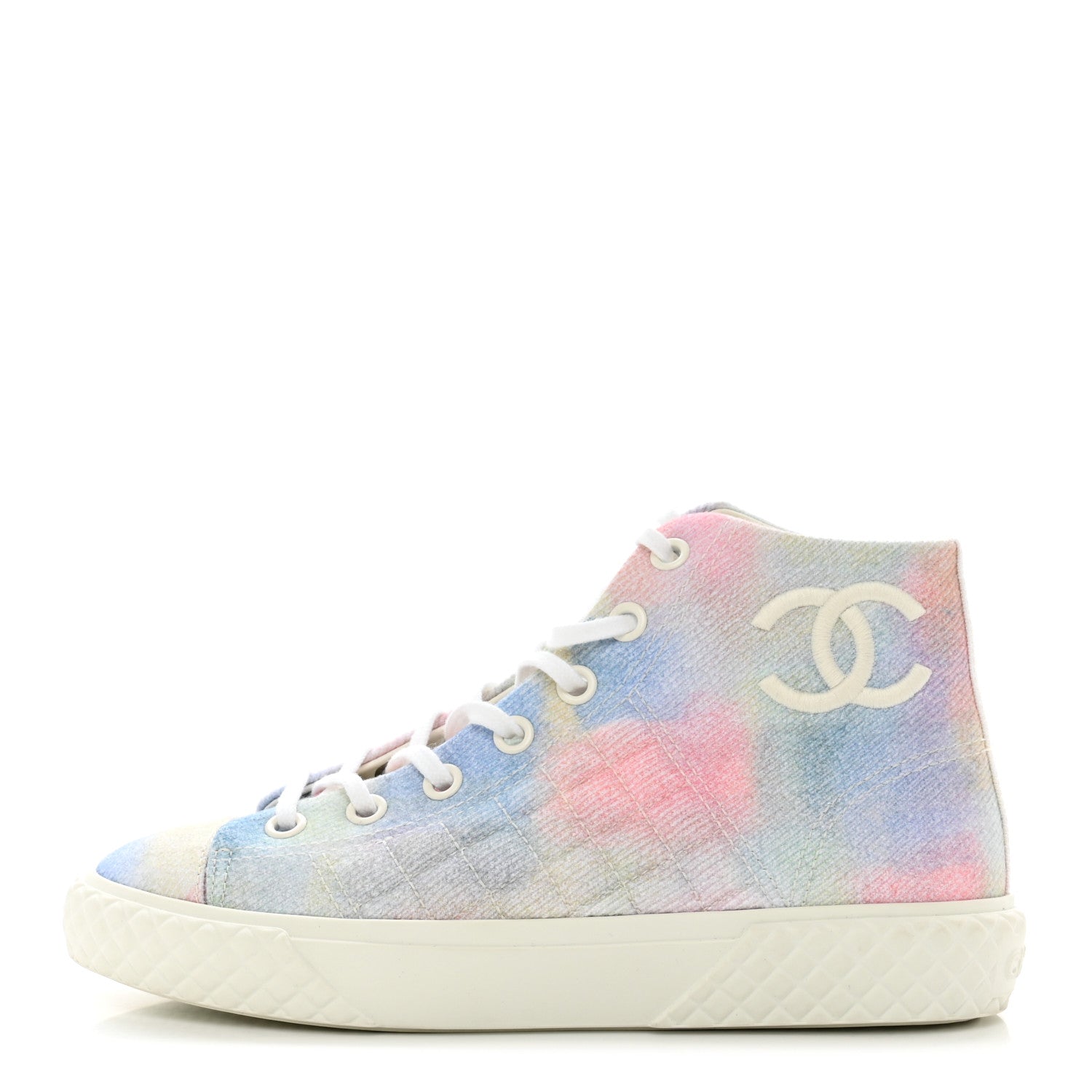 Chanel Printed Fabric High Top CC Sneakers 38 Green Pink Blue White ...