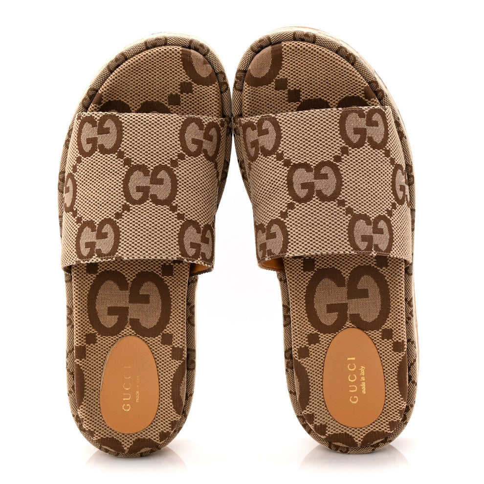 Gucci Monogram Maxi GG Angelina Platform 55mm Slide Sandals 40 Camel ...