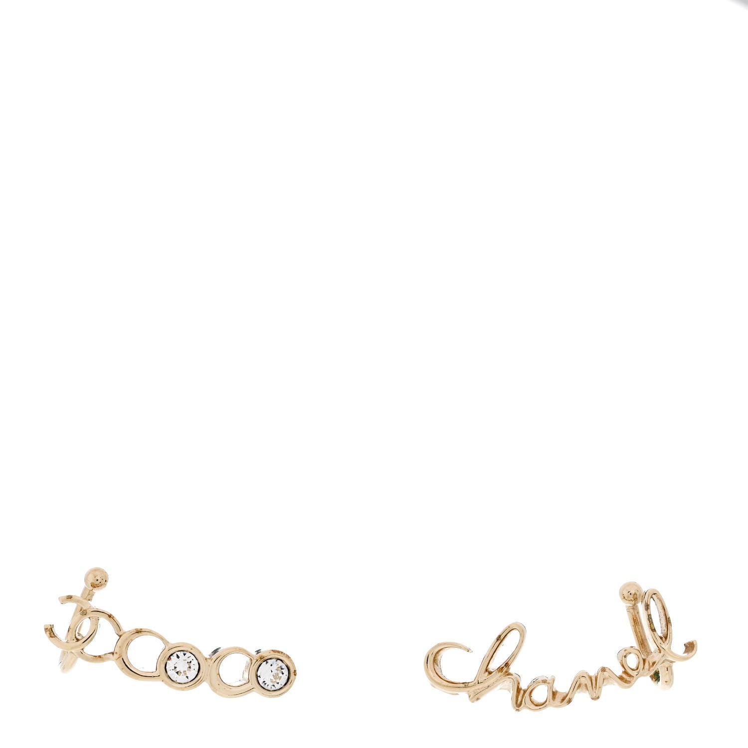 Chanel Metal Crystal Coco Script CC Climber Earrings Gold 1681716 ...