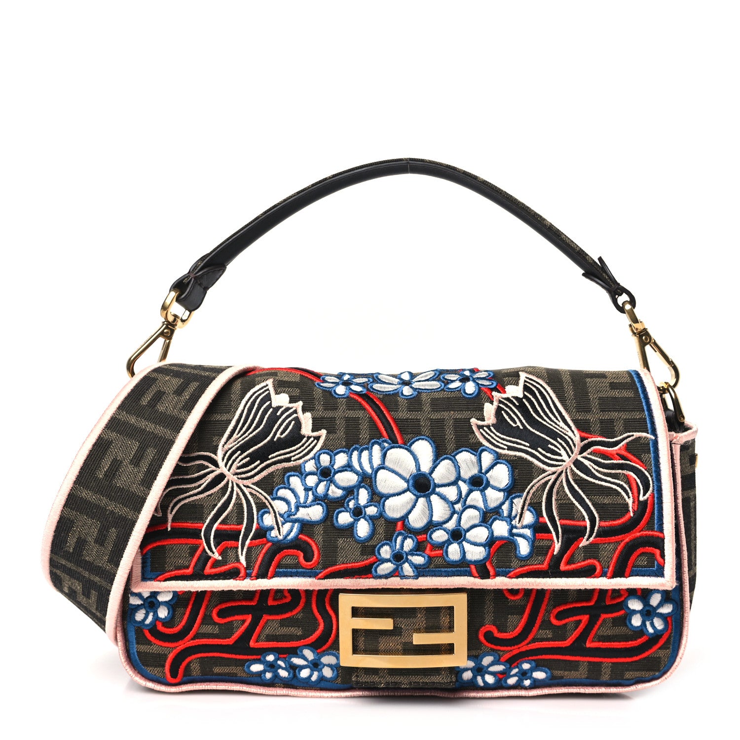 Fendi Fabric Jacquard FF 1974 Karligraphy Embroidered Baguette Tobacco ...
