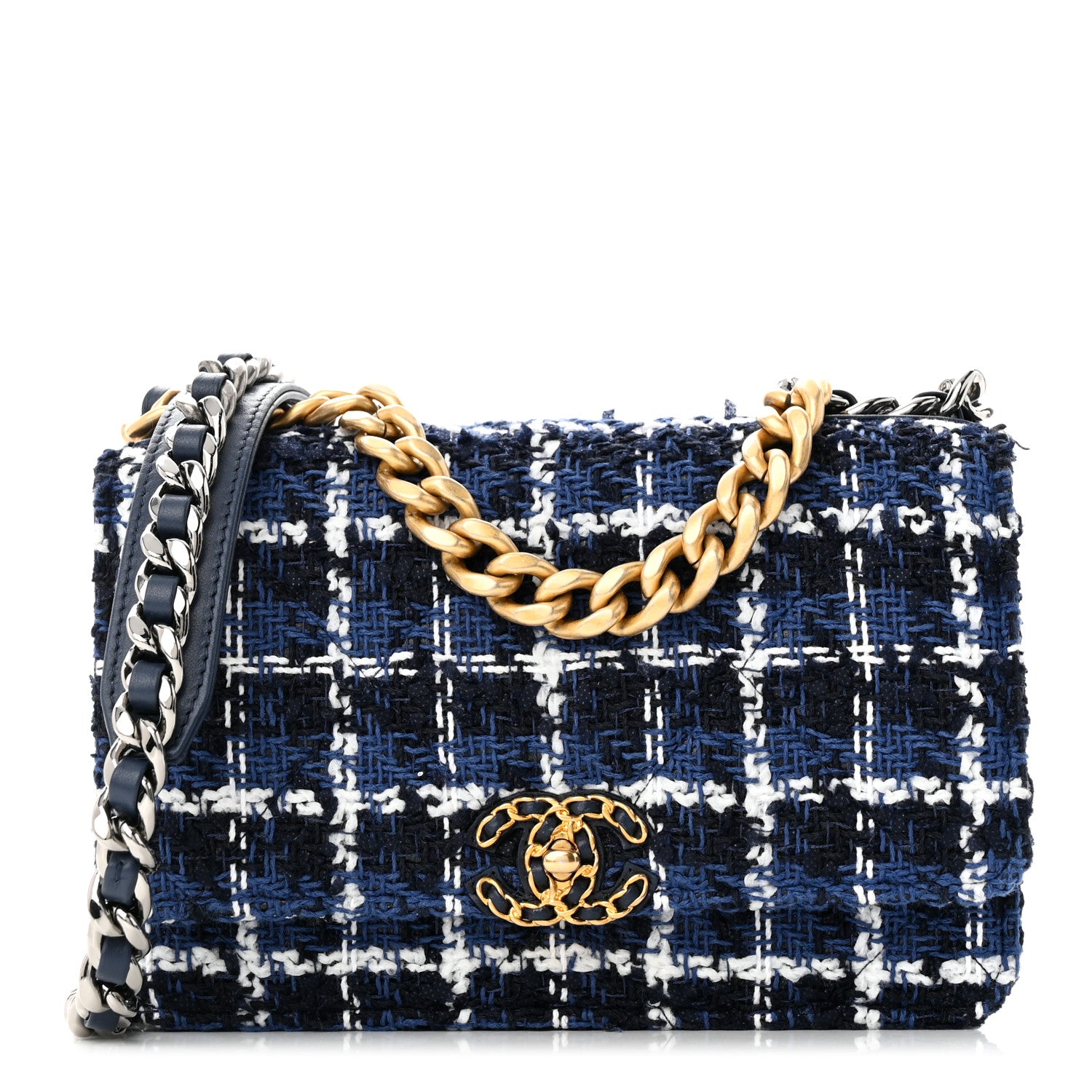 Chanel Tweed Quilted Chanel 19 Wallet On Chain WOC Blue White Navy Blue ...