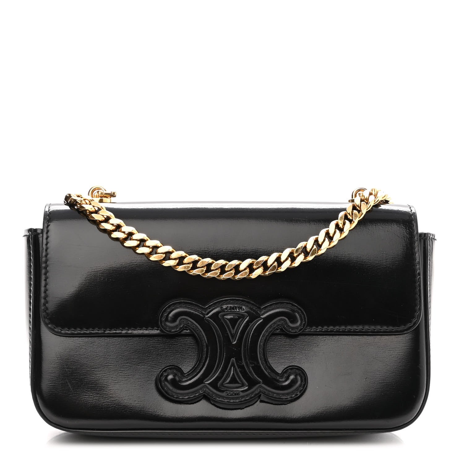 Celine Shiny Calfskin Cuir Triomphe Chain Shoulder Bag Black 1224984 ...