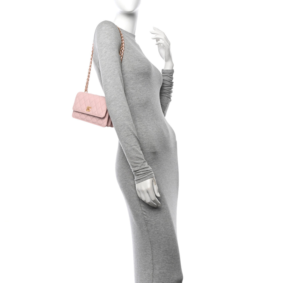 Chanel Shiny Caviar Quilted Flap Charm Wallet On Chain WOC Light Pink ...
