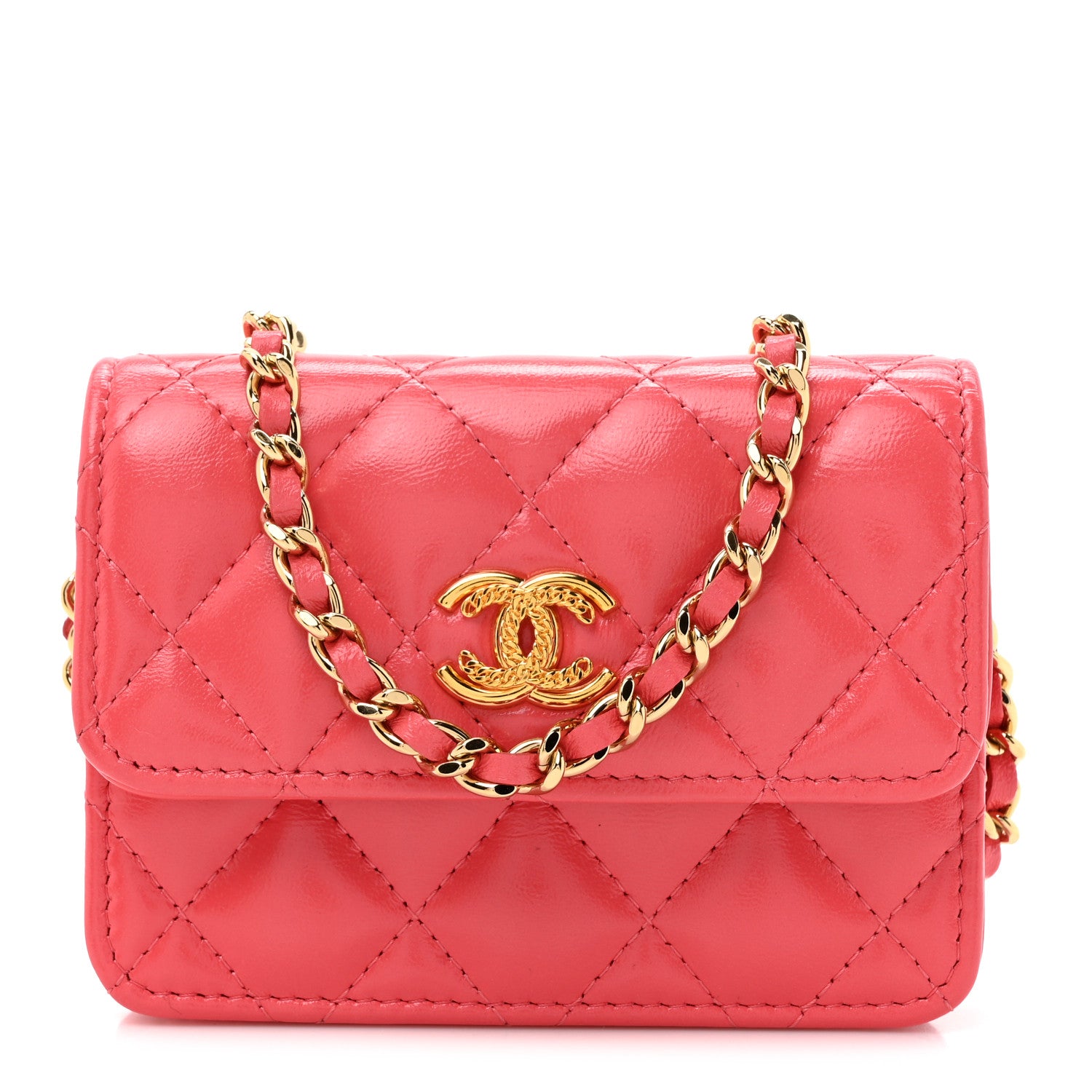 Chanel Shiny Lambskin Quilted Card Holder On Chain Pink 1694022 ...