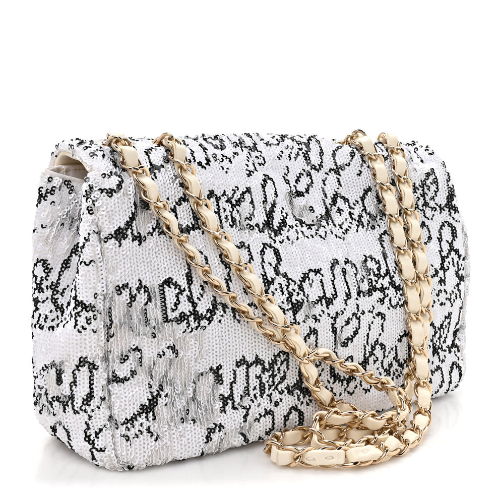 Chanel Sequin Logo Medium Flap White Black 1780505 – FASHIONPHILE