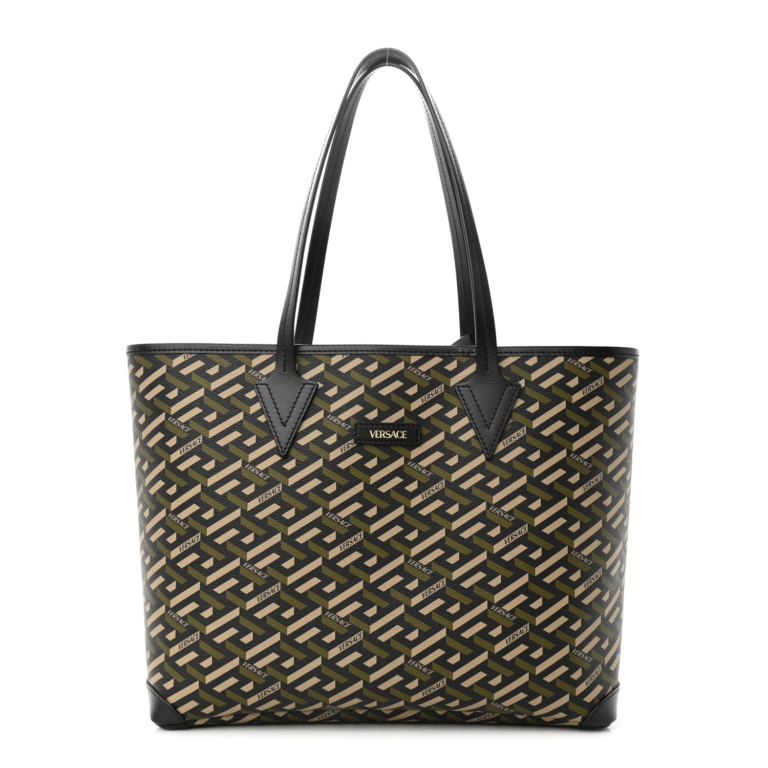 Versace Canvas Calfskin Monogram La Greca Medusa Tote Black Khaki ...