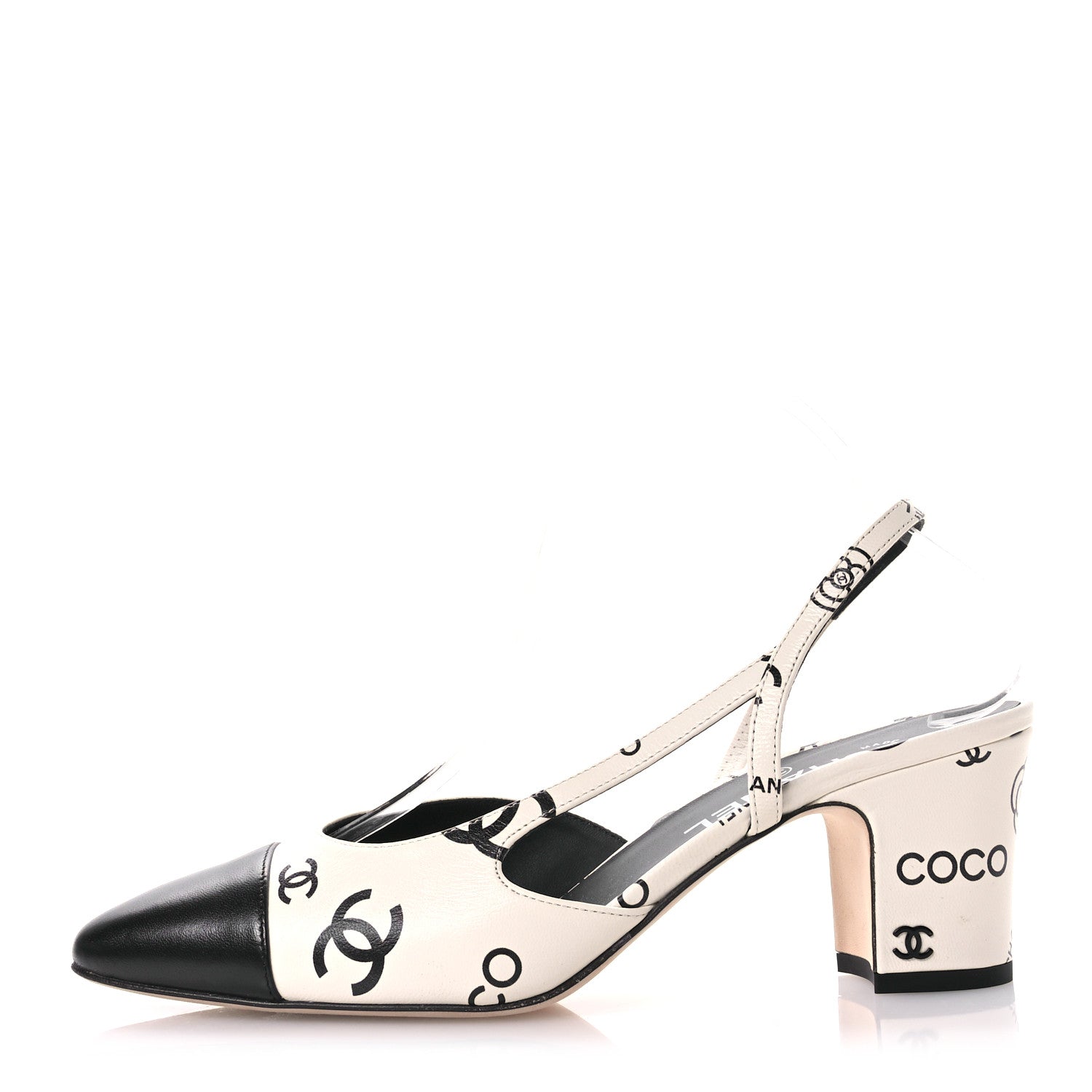 Chanel Printed Lambskin Cap Toe CC Slingback Pumps 40 Black White ...