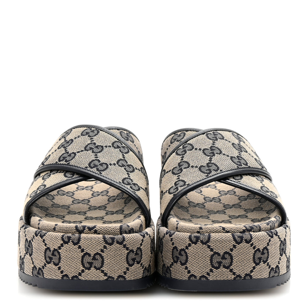 Gucci Monogram Criss Cross Platform Slide Sandals 37 Beige Blue 1769956 ...
