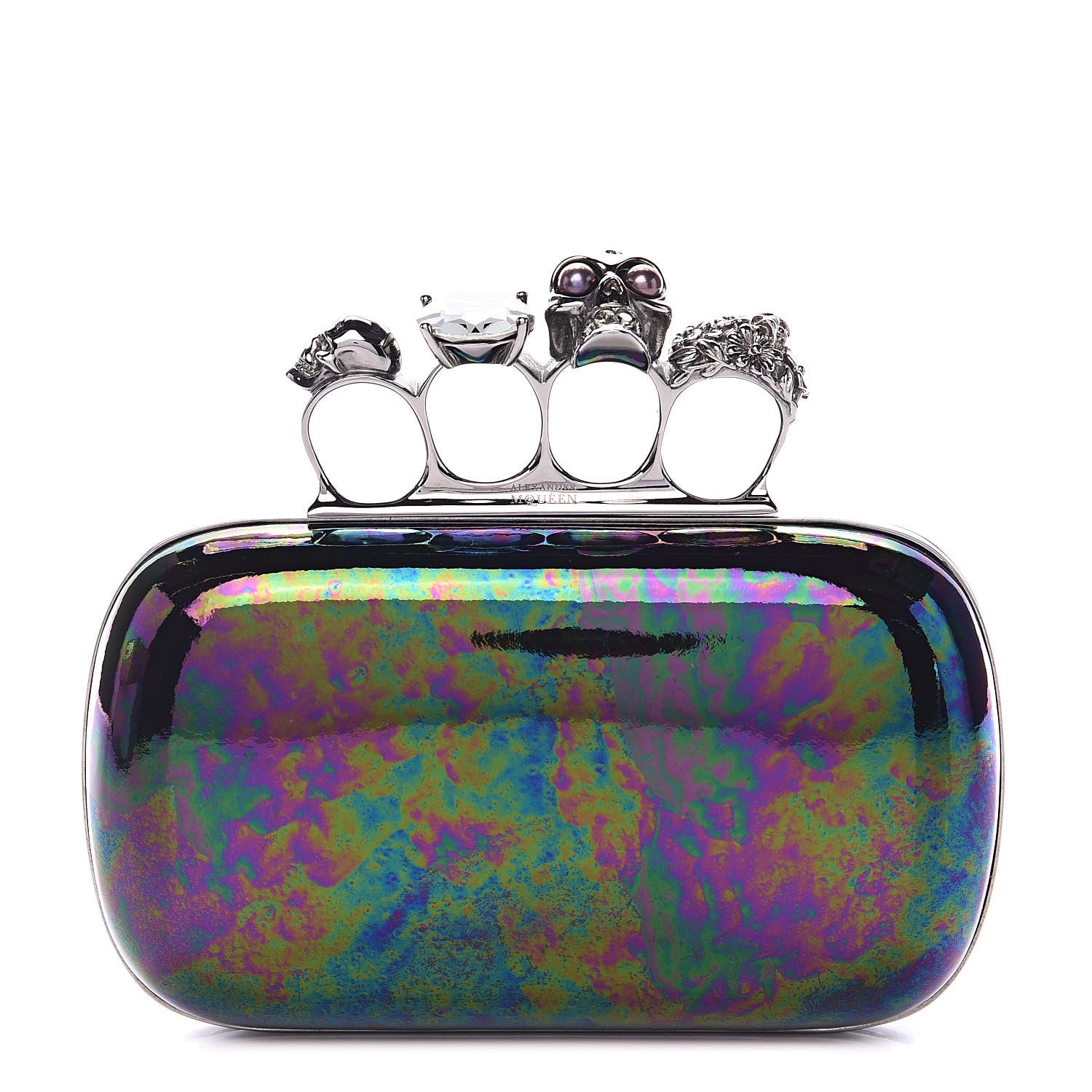 Alexander McQueen Patent Skull Knuckle Oil Slick Duster Box Clutch ...