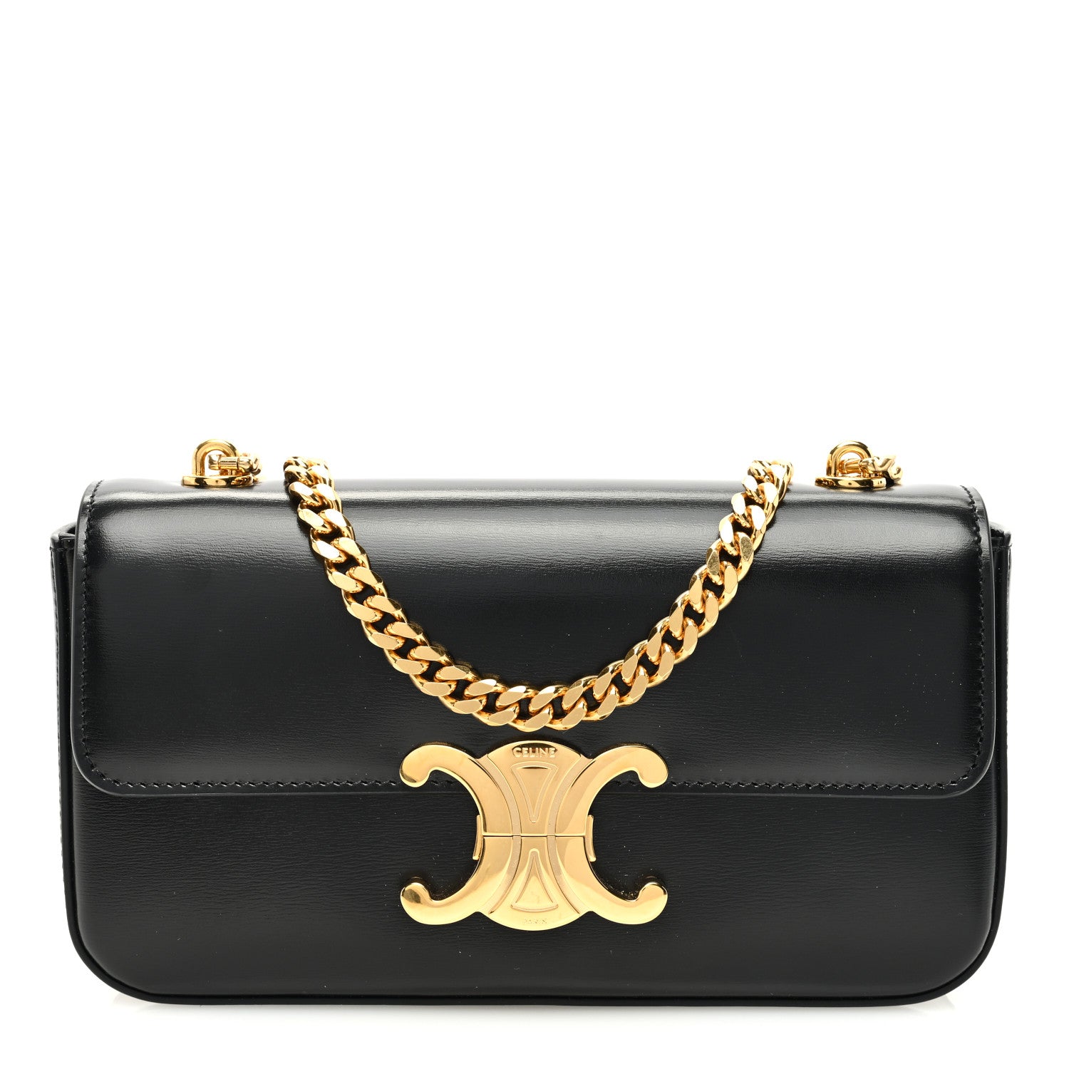 Celine Shiny Calfskin Triomphe Chain Shoulder Bag Black 1563637 ...