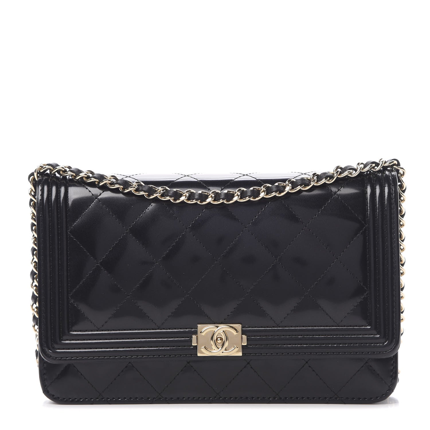 Chanel Patent Calfskin Quilted Boy Wallet On Chain WOC Black 613746 ...
