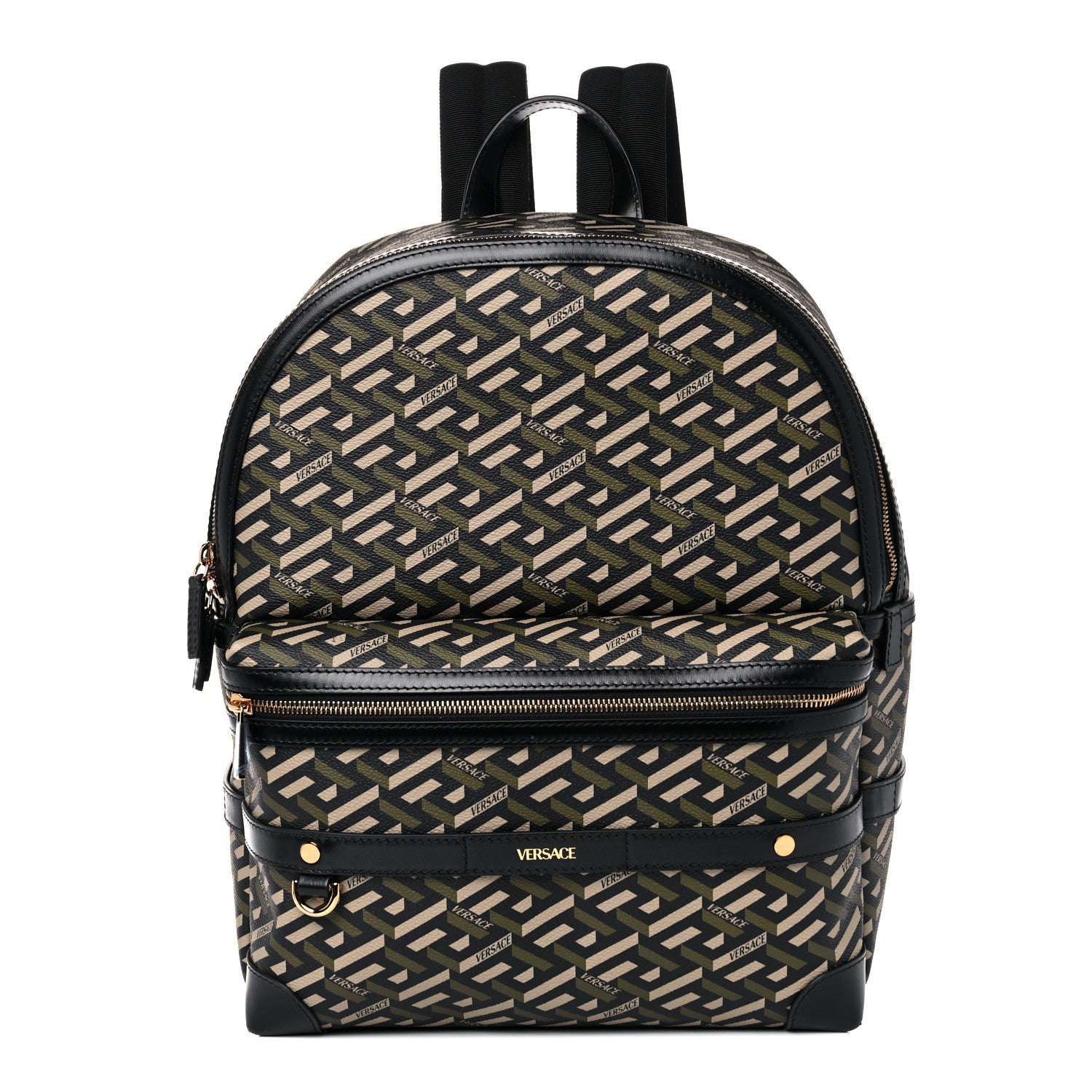 Versace Coated Canvas Calfskin La Greca Signature Backpack Black Khaki ...