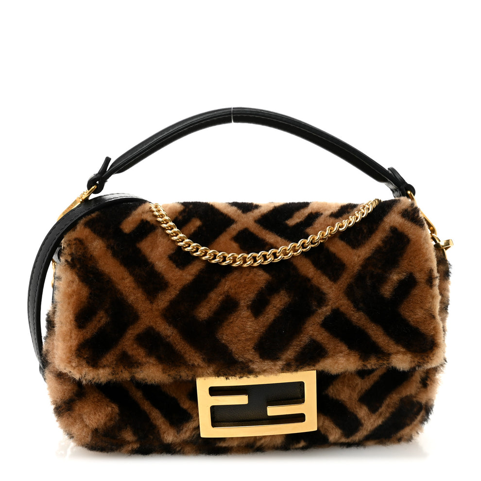 Fendi Shearling Vitello Dolce Macro FF 1974 Mini Baguette Tobacco Black ...