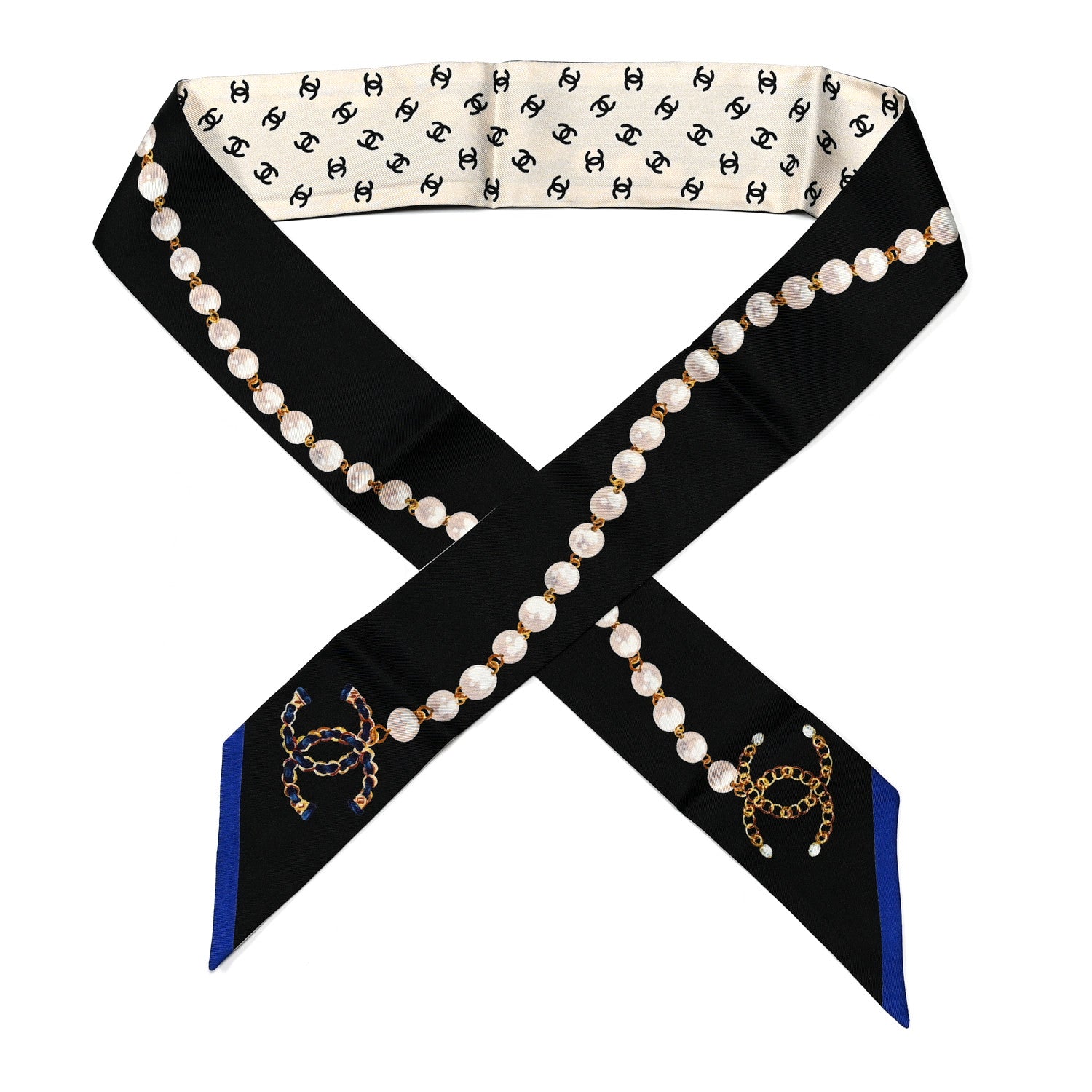 Chanel Silk Pearl CC Chain Slim Bandeau Scarf Dark Grey Blue Ecru ...