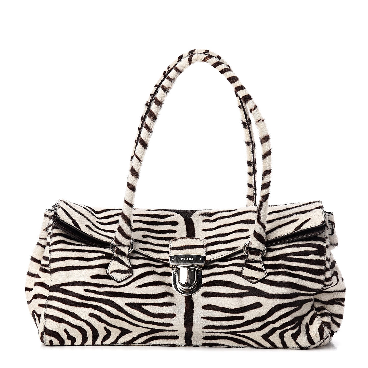 Prada Calf Hair Zebra Print Easy Foldover Pushlock Satchel White Moro ...