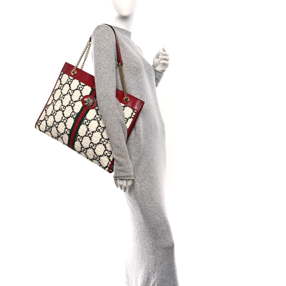 Gucci Tweed GG Monogram Large Rajah Chain Tote White Black Romantic ...