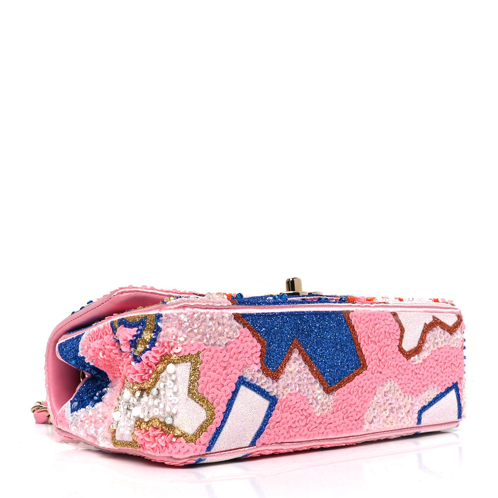 Chanel Satin Sequin Embellished Mini Rectangular Flap Pink White Blue ...
