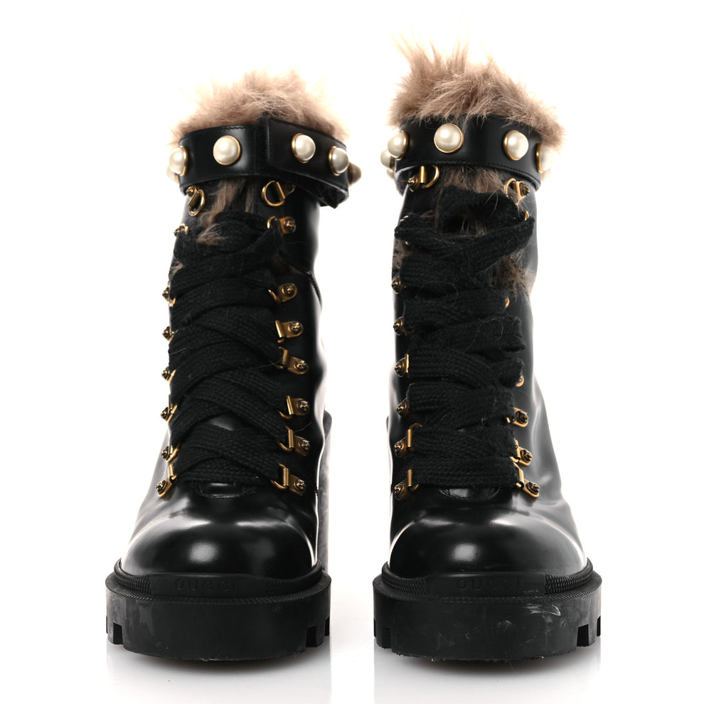 Gucci Magnum Calfskin Fur Pearl Lace Up Combat Ankle Boots 39.5 Black ...