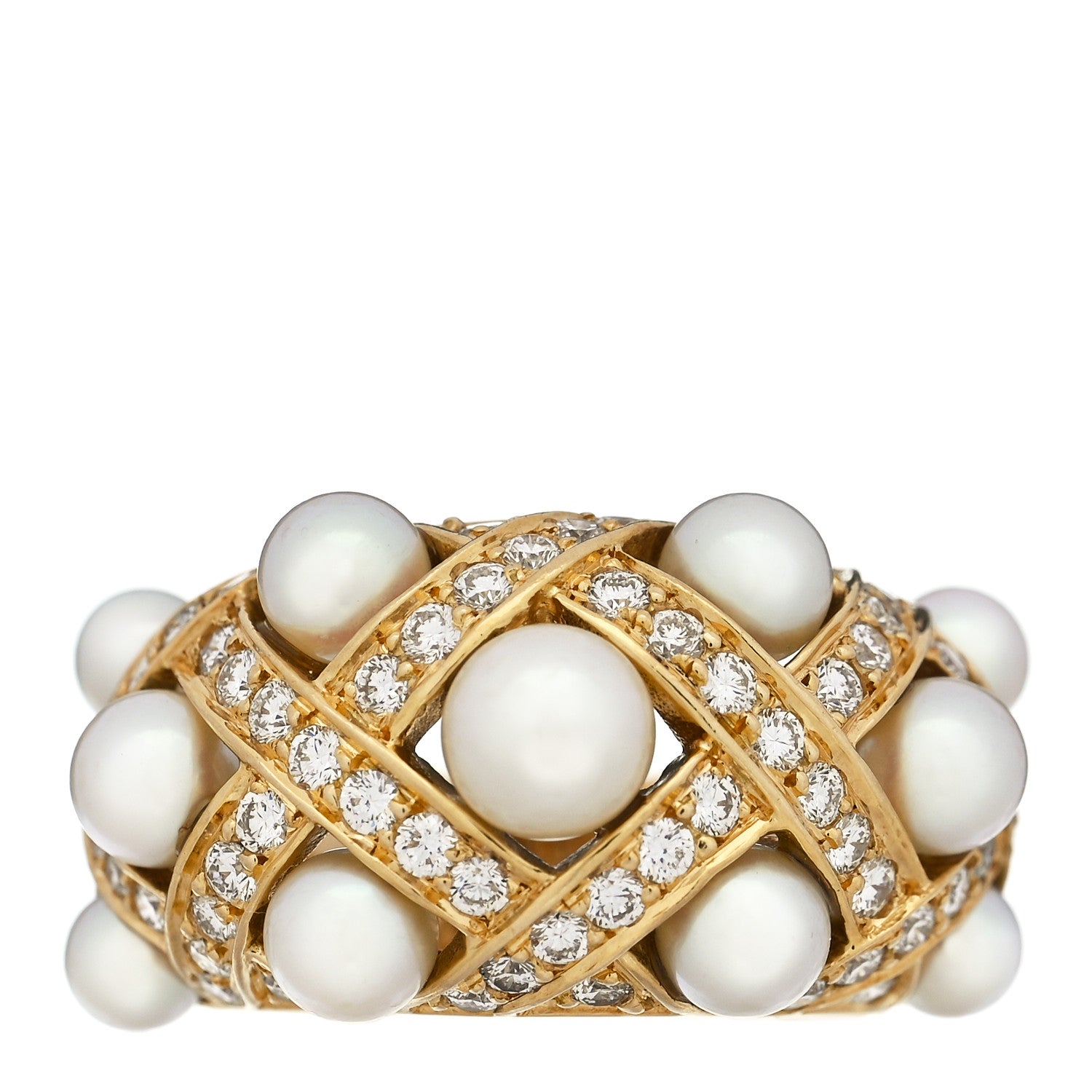 Chanel 18K Yellow Gold Diamond Akoya Pearl Baroque Matelasse Ring 53 6. ...