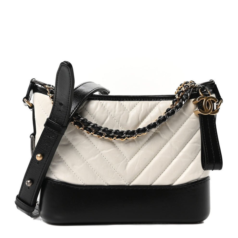 Chanel Aged Calfskin Chevron Quilted Small Gabrielle Hobo Black White ...