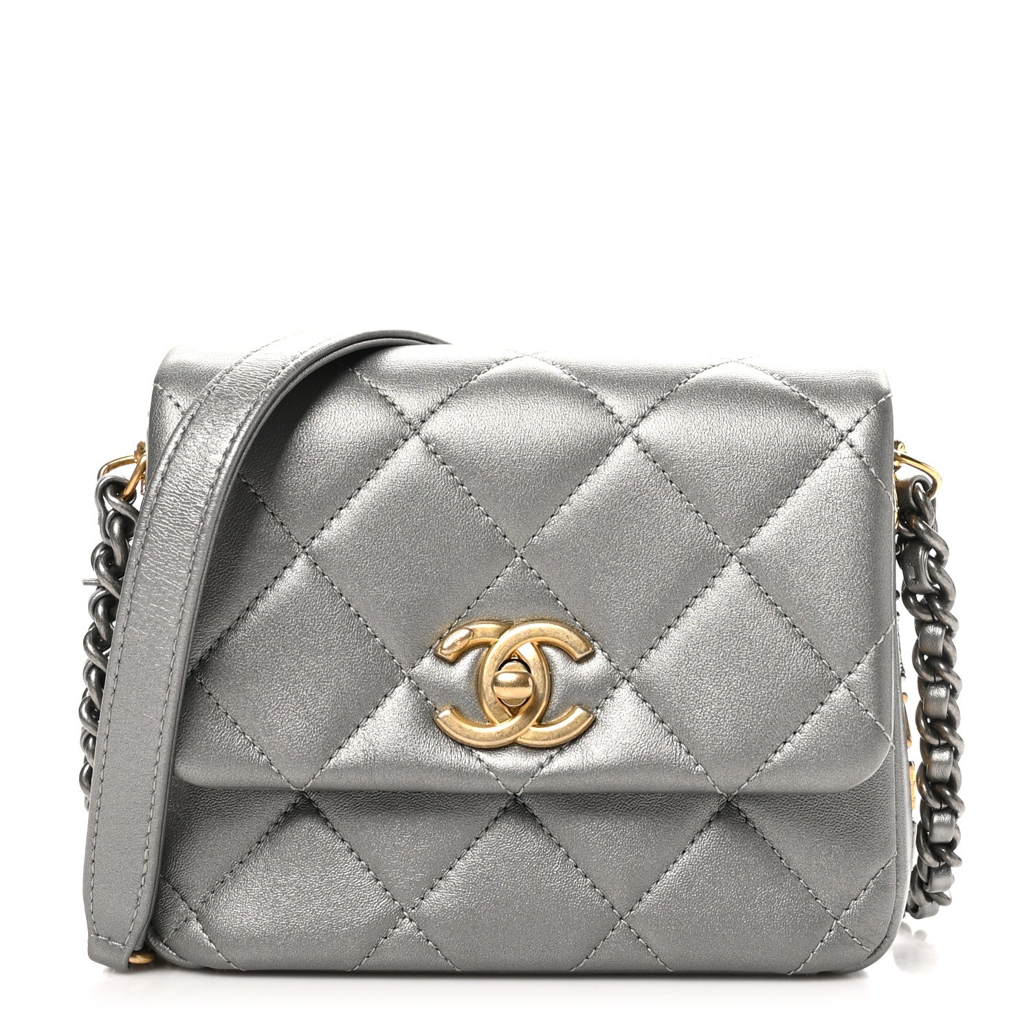 Chanel Metallic Lambskin Quilted Mini Side Note Flap Grey 1822095 ...