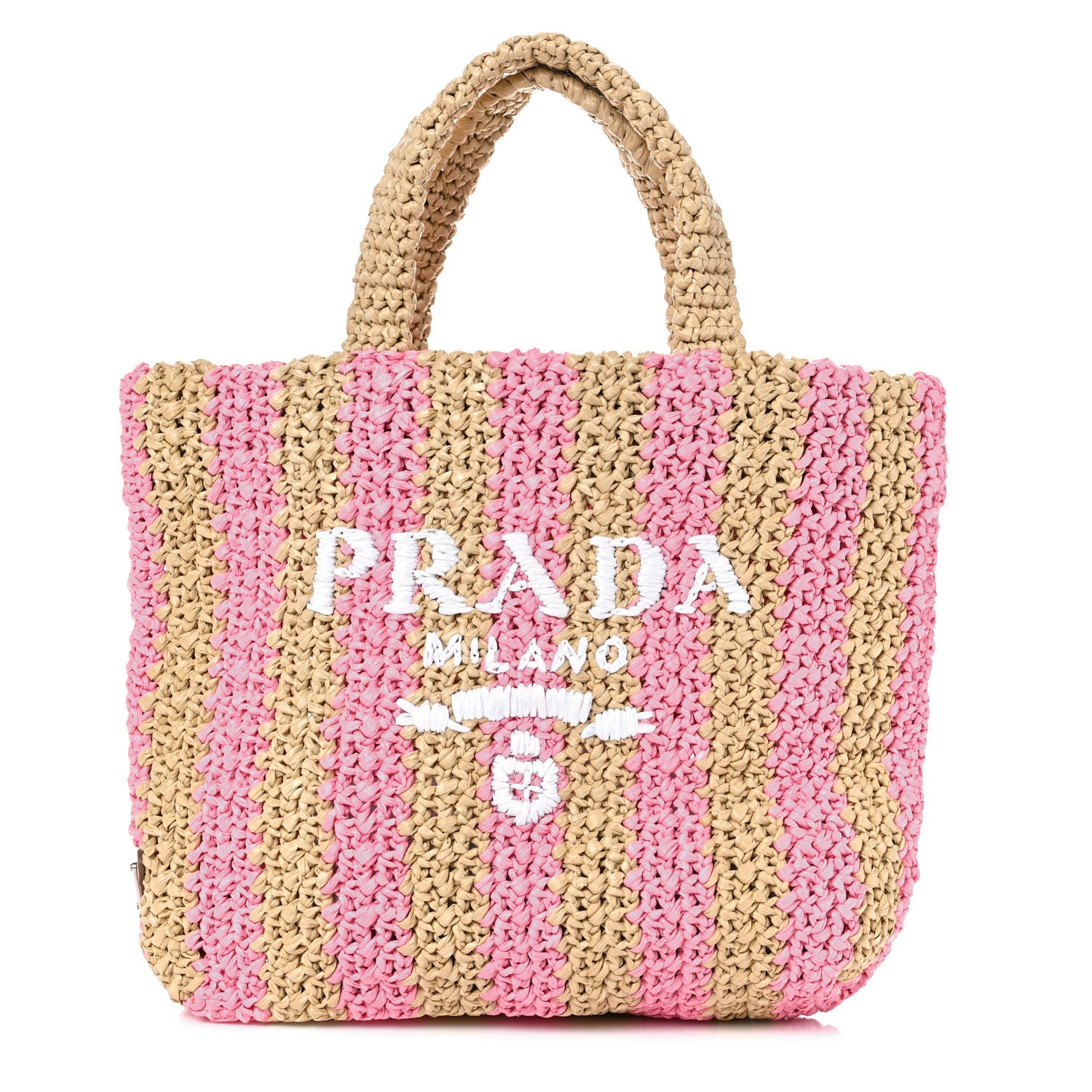 Prada Yarn Raffia Effect Crochet Striped Small Logo Tote Naturale ...
