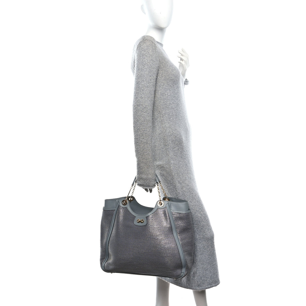 Salvatore Ferragamo Calfskin Raffia Betulla Tote Grey 1867471 ...