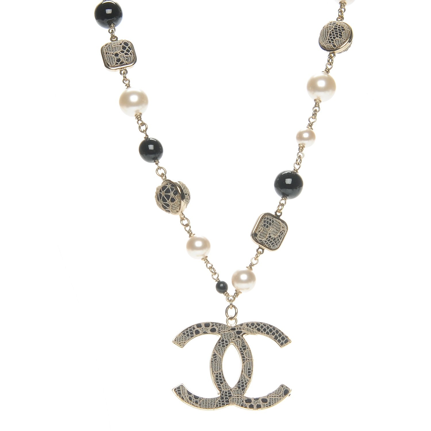 Chanel Pearl Beaded Lace CC Necklace Black Gold 194385 – FASHIONPHILE
