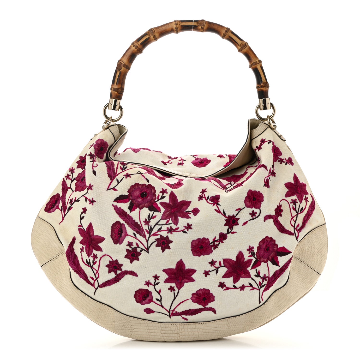Gucci Lizard Canvas Embroidered Peggy Bamboo Top Handle Hobo White Pink ...