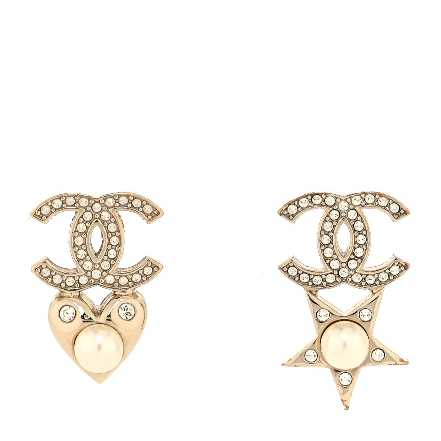 Chanel Crystal Pearl Charming Winter CC Star Heart Earrings Gold ...