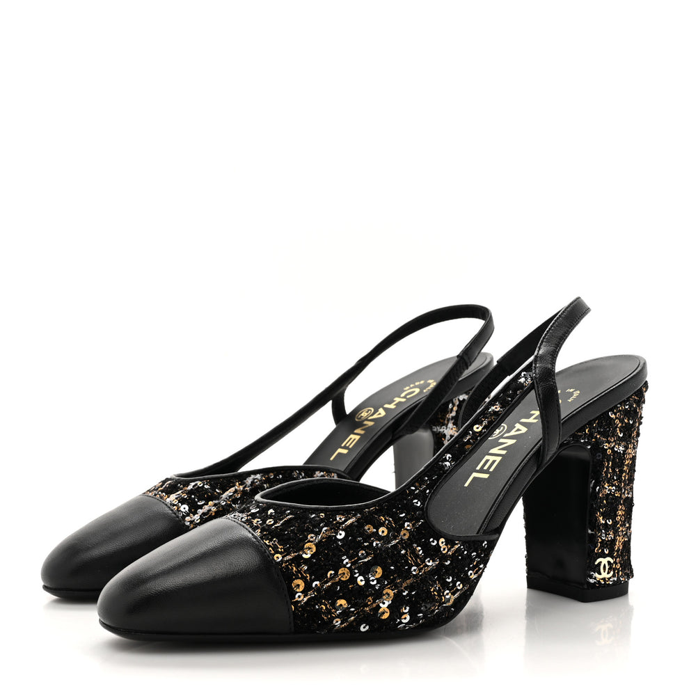 Chanel Tweed Sequins Goatskin Cap Toe CC Slingback Pumps 37 Black White ...