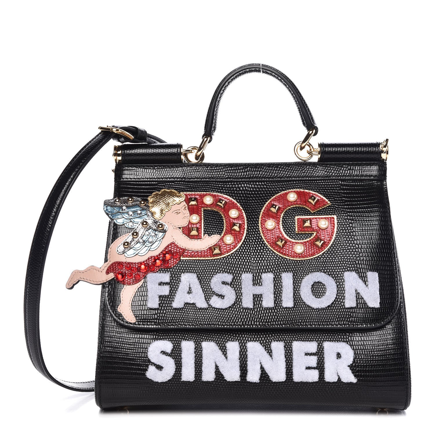 Dolce & Gabbana Calfskin Iguana Embossed Studded Medium Fashion Sinner ...