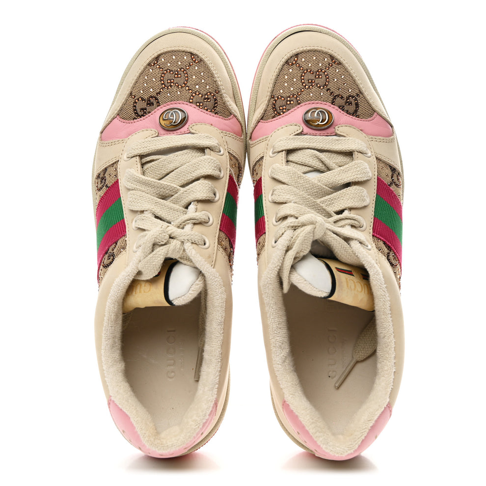 Gucci Calfskin GG Supreme Crystals Web Screener Sneakers 38 Camel Ebony ...