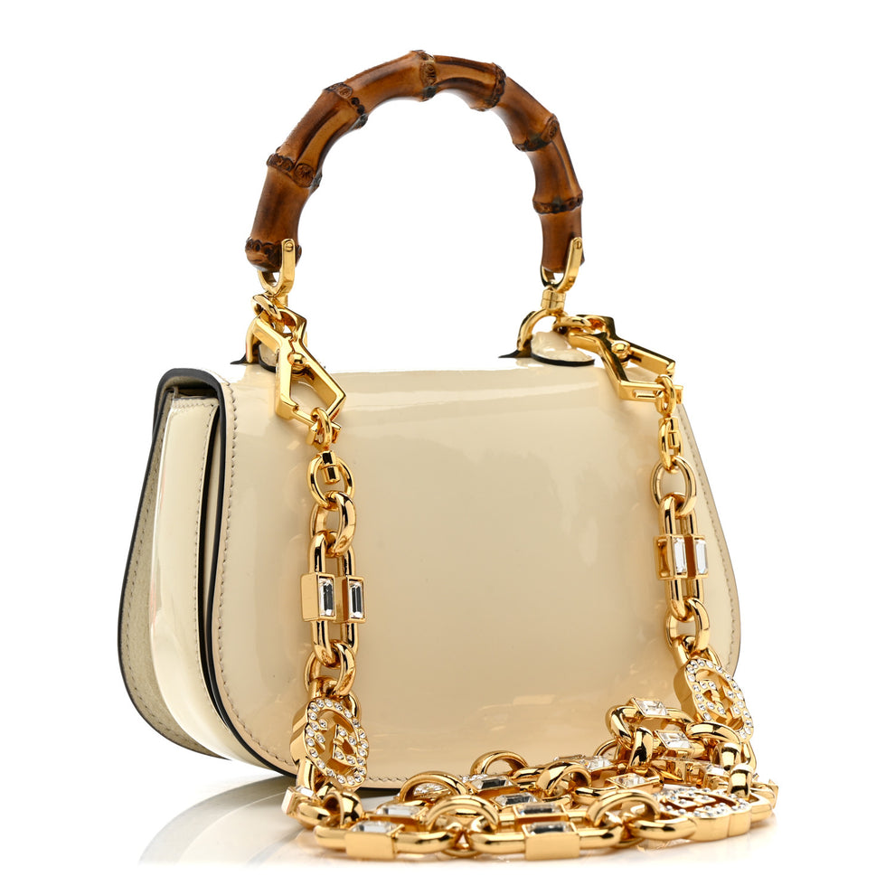 Gucci Patent Crystal Mini Bamboo 1947 Top Handle Chain Bag White ...