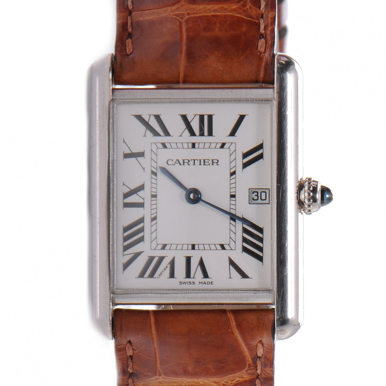 Cartier 18K White Gold Alligator 26mm Tank Louis Quartz Watch Brown ...