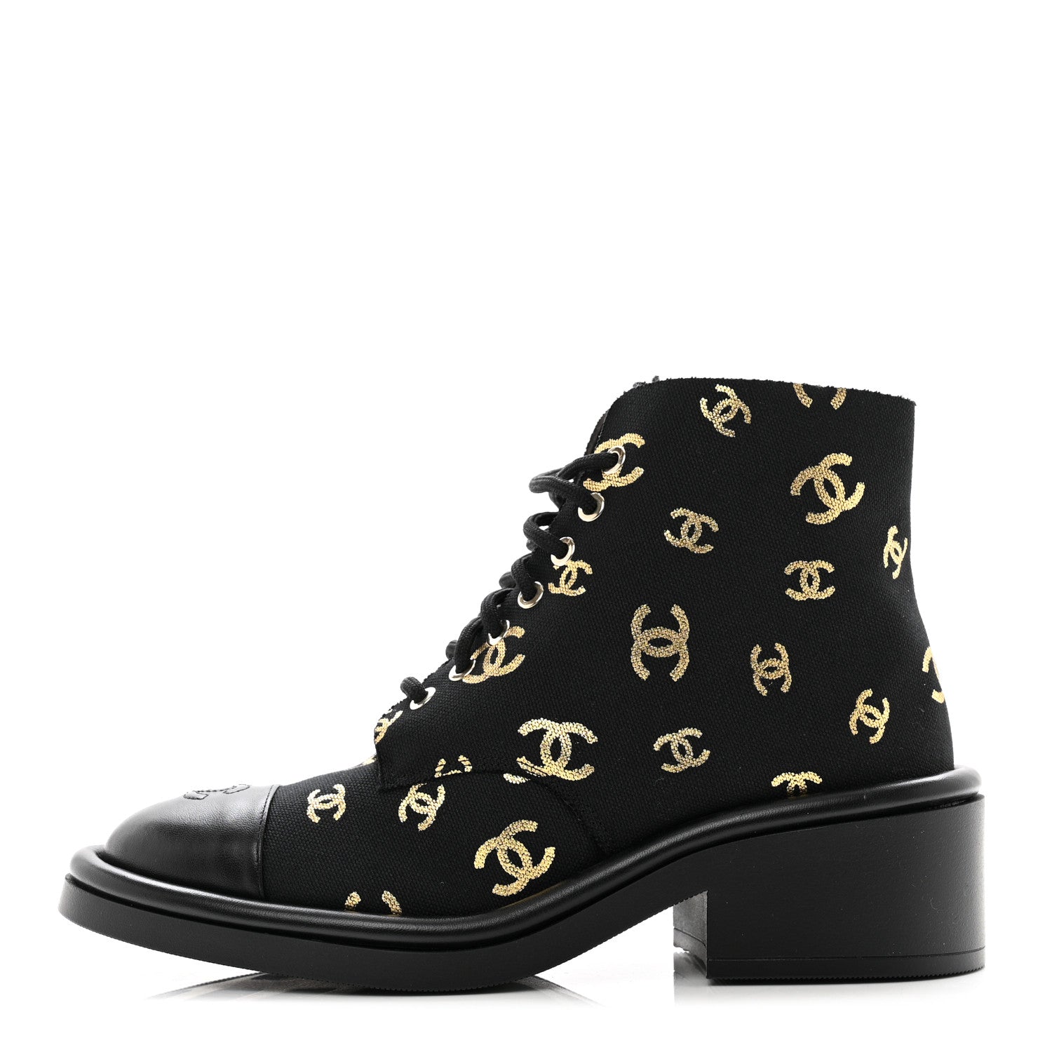 Chanel Lambskin Shearling Canvas CC Lace Up Boots 38.5 Black Gold ...