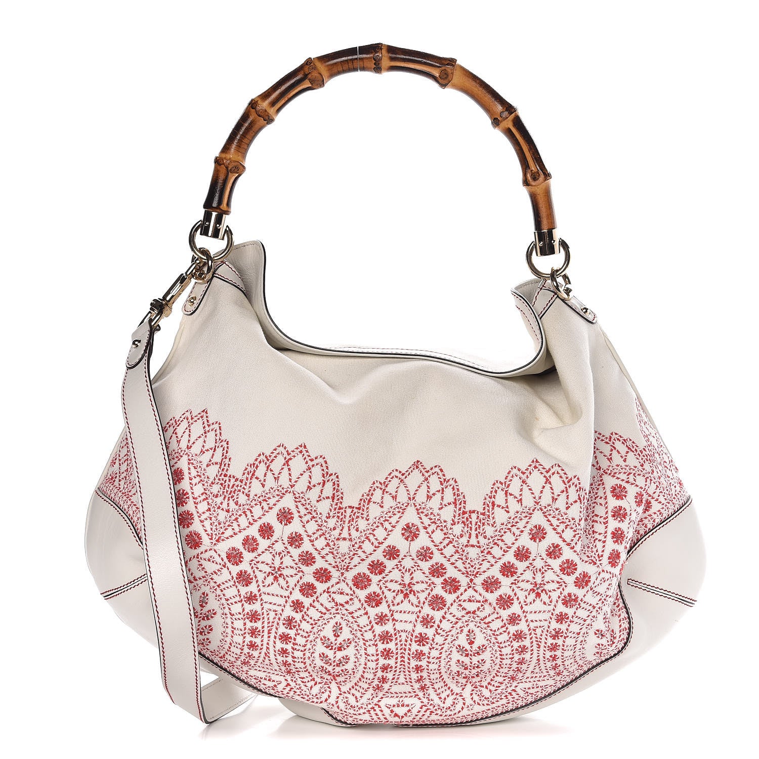 Gucci Canvas Embroidered Peggy Bamboo Top Handle Hobo White 354046 ...