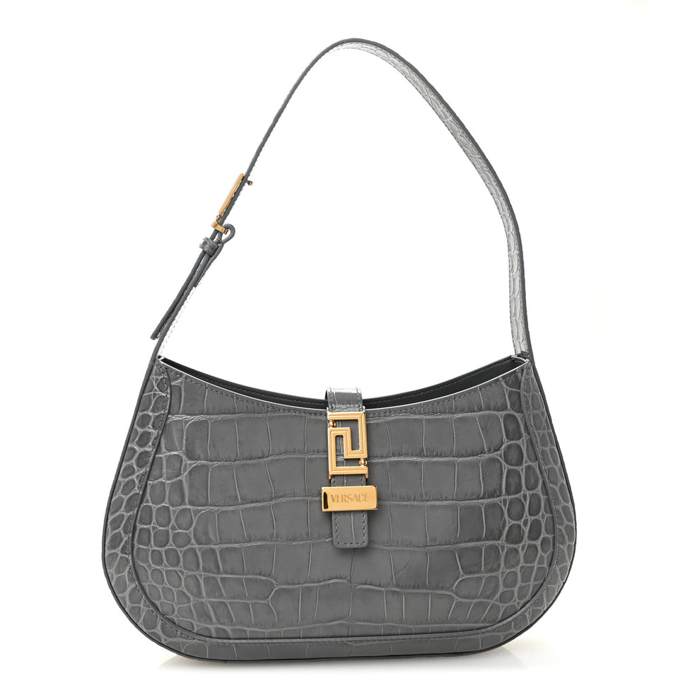 Versace Calfskin Crocodile Embossed Large Greca Goddess Bag Charcoal ...