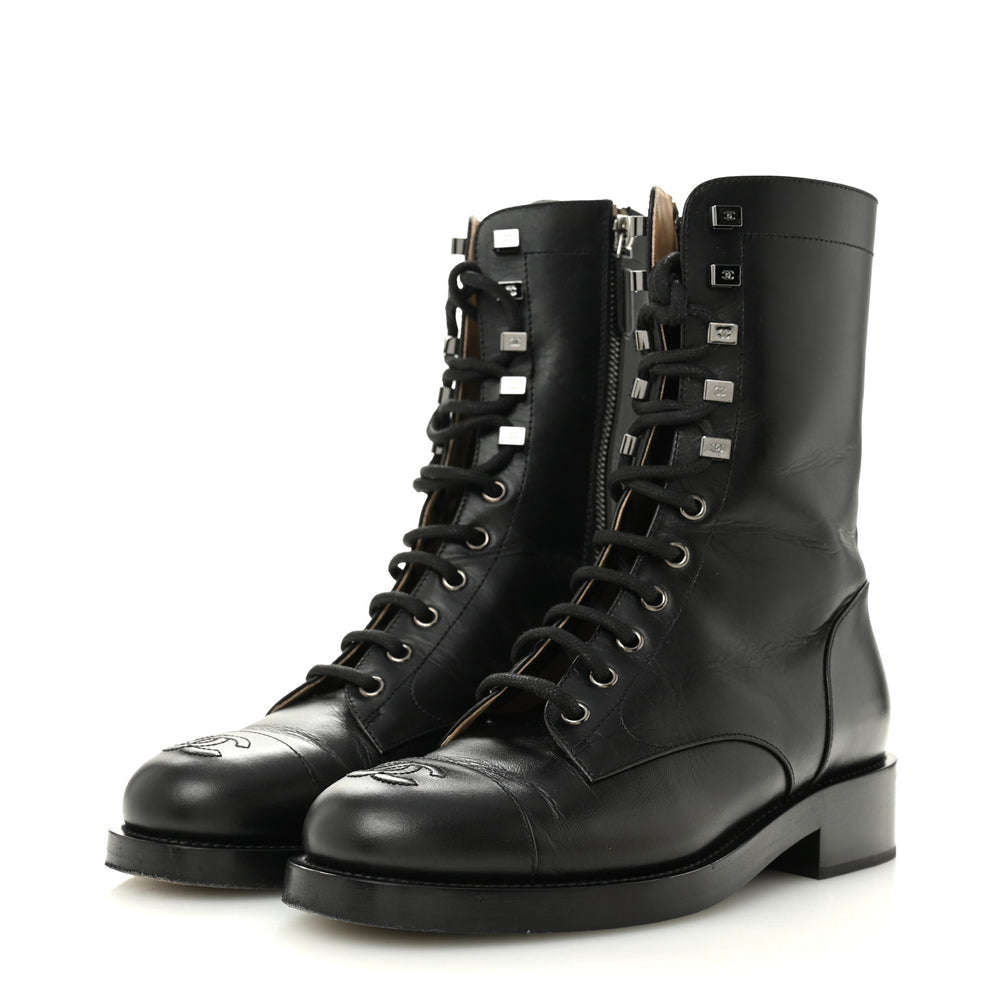 Chanel Calfskin Lace Up Combat Boots 37.5 Black 1826326 – FASHIONPHILE