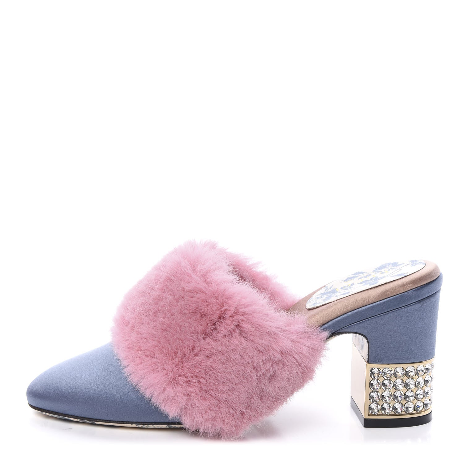 Gucci Faux Fur Silk Satin Crystal Candy Mules 37 Rosa Carta Zucchero ...